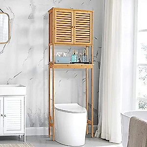 Vasitelan Over The Toilet Storage Cabinet, Bathroom Organizer with Adjustable Inside Shelf and Bottom Stabilizer Bar, Space-Saving Toilet Rack (Wood Color)