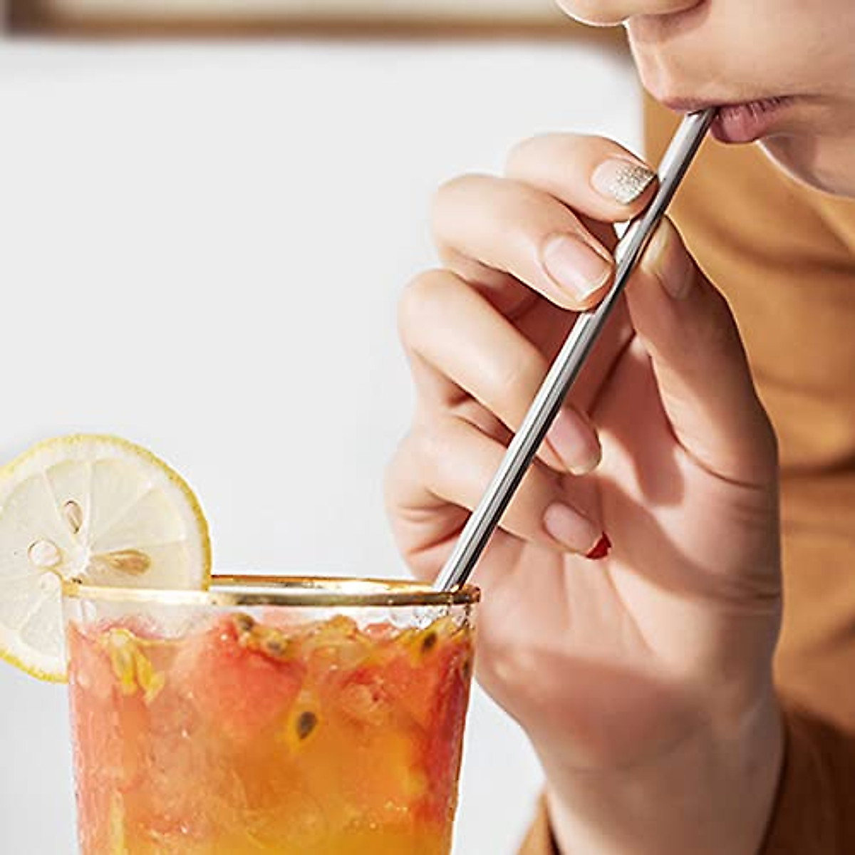 ERCRYSTO Reusable Stainless Steel Long Handle Straws Spoon, 6 Pieces 8.6", with 1 Cleaning Brush (circular)