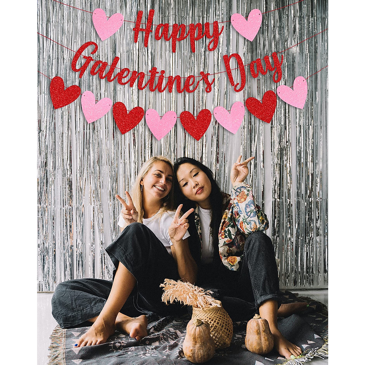 JOZON Happy Galentine's Day Banner and Hearts Banner Red Pink Glittery Galentine's Day Banner Garland Galentine's Day Decor for Valentine's Day Ladies Celebrating Party Decorations Supplies