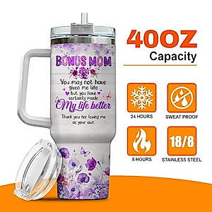 99WHALE Tumbler 40 Oz With Handle Lid And Straw, Bonus Mom Purple Floral, Bonus Mom Gifts, Light Be Tumblers Cup Mama Mother For Funny Mommy Coffee Yellow Flower Cups
