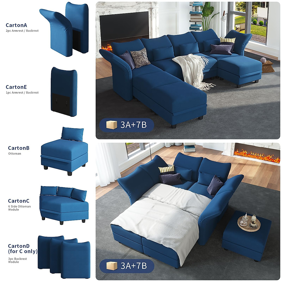LLappuil Sectional Couch Convertible Oversize U Shaped Modular Sectional Sofa with Storage Easy Clean Anti-Scratch 10 Seat Velvet Sectional for Living Room, Blue