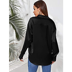 SOLY HUX Women's Satin Silk Long Sleeve Button Down Shirt Office Work Blouse Top Black S