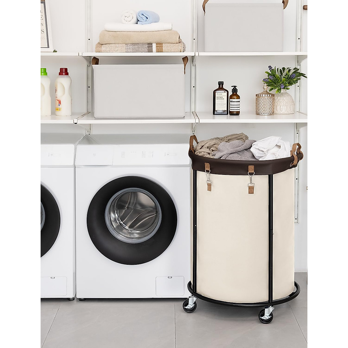 StorageWorks Laundry Basket with Wheels, 210L Extra Large Rolling Laundry Hamper, Round Laundry Cart with Steel Frame and Removable Bag, 4 Casters and 2 Brakes, Beige, 1-Pack