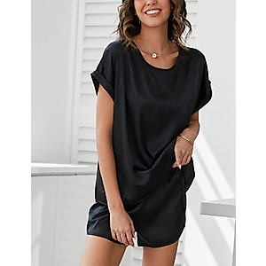 Ekouaer Pajamas Set for Women Short Sleeve Satin Sleep Set Loose Two Piece Silk Sleepwear(Black, Medium)