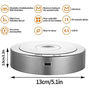 Rotating Display Stand - Spinning Display Stand with Colored Lights - Lighted LED Base for Glass Art with 4 Revolving & 8 Light Modes - Electric & Battery-Operated Platform - 5.1x1.2" (Silver)