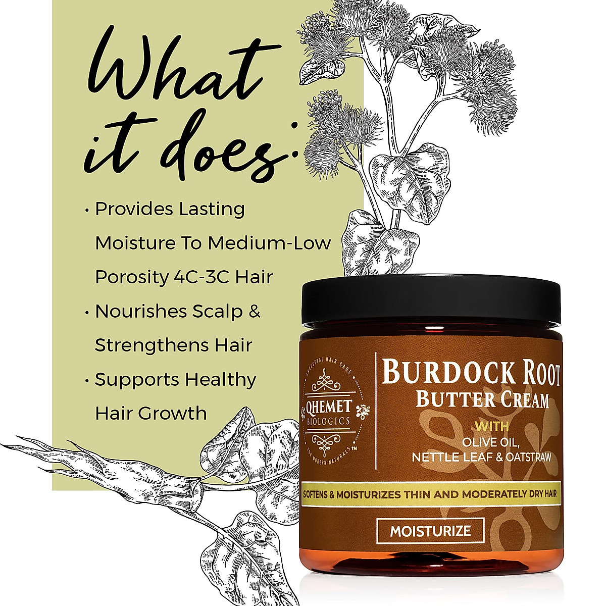 Qhemet Biologics Burdock Root Butter Cream - Leave-In Moisturizer for Low Porosity Hair - Helps Soften and Smooth Dry, Brittle Edges - Conditioning Botanicals to Nourish Scalp (8.5 oz)