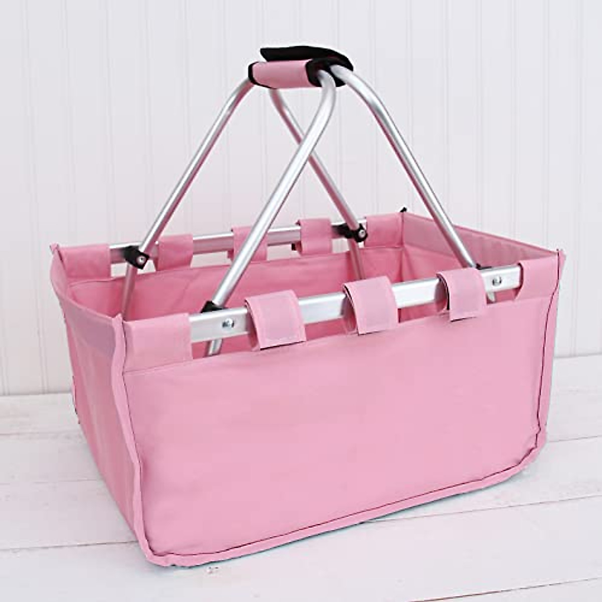 Threadart Large Collapsible Market Basket - Pink | Aluminum Frame | Polyester Fabric | Convenient Fold Flat Design |Reusable Space-Saving Shopping Tote, Gift Basket, Beach Basket, Picnic Basket