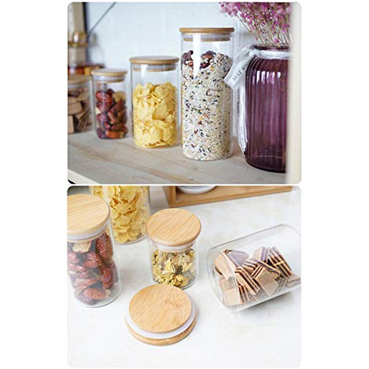 2PCS Empty Thicken Clear Glass Canister Home Kitchen Food Storage Cotainer Jars Pots With Airtight Wood Lids Air Tight Vial Bottles for Coffee Bean Tea Sugar Dry Fruit Nuts Candy (350G)