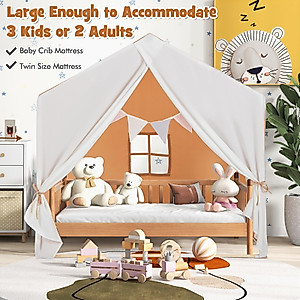 Costzon Large Kids Tent with Mat, Children's Play Tent w/Flag Banner, Windows, Gauze Curtain, Solid Wood Frame, Indoor Outdoor Kids Playhouse for Boys & Girls Age 3 + (Orange)