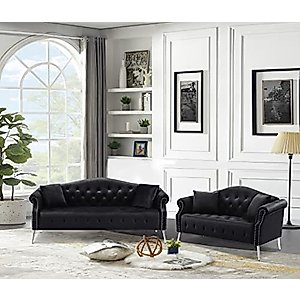 Lepfun Chesterfield Velvet Sofa Classic Loveseat Contemporary Upholstered Couch Button Tufted Nailhead Trimming Curved Backrest Rolled Arms with Silver Metal Legs Living Room,4 Pillows Included,Black