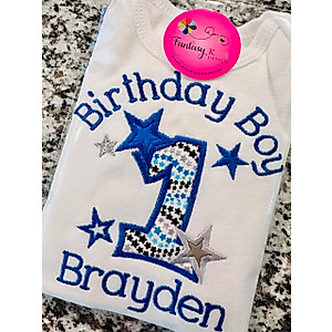 Fantasy Kids Designs First Birthday Boy Outfit Bodysuit Personalized with Custom Name (12 Months Short Sleeve, Royal Blue)