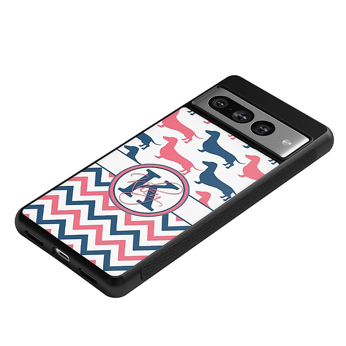 Dachshund Dog Chevron Personalized Black Rubber Phone Case Compatible With Google Pixel 8 Pro, 8a, 8, 7, Pixel 7 Pro, Pixel 6a, Pixel 6 Pro, 6, 5, 4a 5G, 4a 4G, 4, 4 XL, 3a, 3a XL, 3, 3 XL, 2 XL, 2