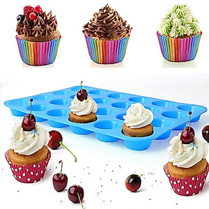 Premium Silicone Mini Muffin & Cupcake Baking Pan Large Non Stick 24 Cup Cookies Molds Bakeware Tin Soap Tray Mould by Meiso (Set of 2) (Blue)