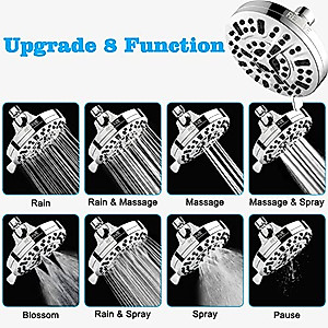 Shower Head, REHAVE Rainfall ShowerHead, 5.1 Inches High-Pressure with 63 Jets 8 Spray Modes - Replacement for Bathroom Shower Heads - Anti-Clogging Silicone Nozzles, Brass Angle-adjustable Ball Joint