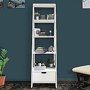 The Urban Port 4-Shelf Wooden Ladder Bookcase with Bottom Drawer, Distressed White