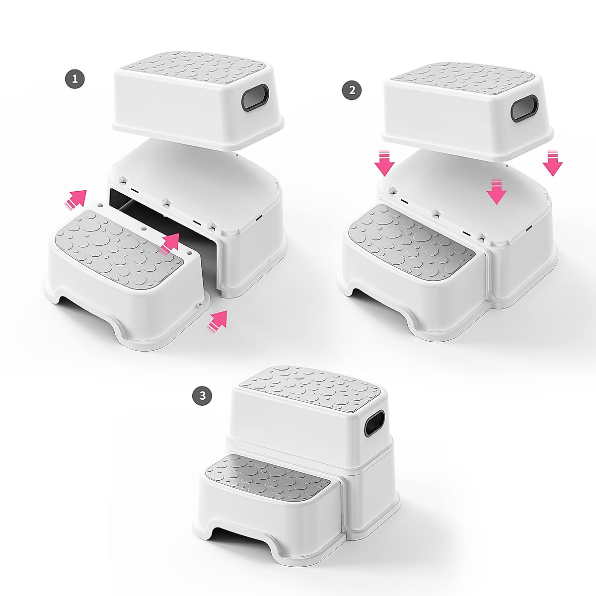 UNCLE WU 2 Step Stool for Kids -Toddler Step Stool Hepler for Bathroom Sink-Dual Height 9.5" Non-Slip for Potty Training, Kitchen, Bedroom & Classroom (Gray White)