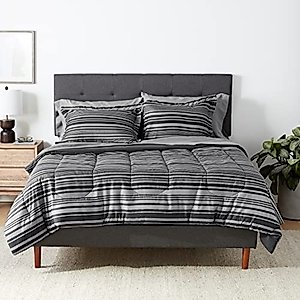 Amazon Basics Lightweight Microfiber Bed-in-a-Bag Comforter 7-Piece Bedding Set, Full/Queen, Gray Calvin Stripe, Striped