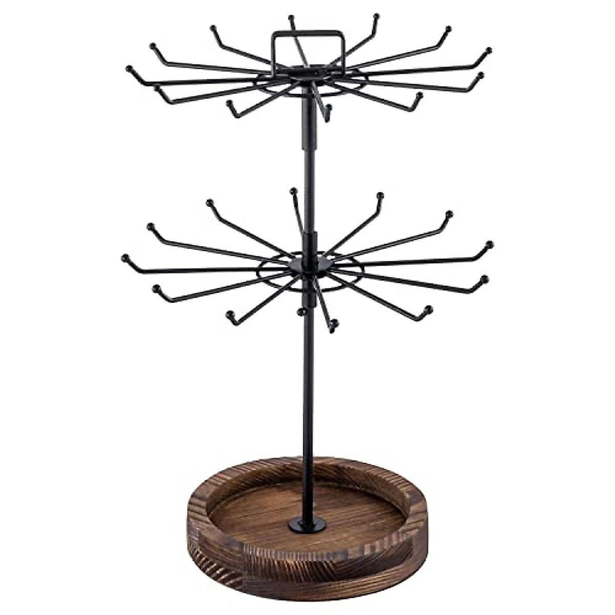 MyGift 2 Tier Black Metal Rotating Necklace and Bracelet Organizer Jewelry Stand with 24 Hooks and Burnt Wood Ring Tray, Accessory and Keychain Spinning Display Rack with Top Handle Card Holder