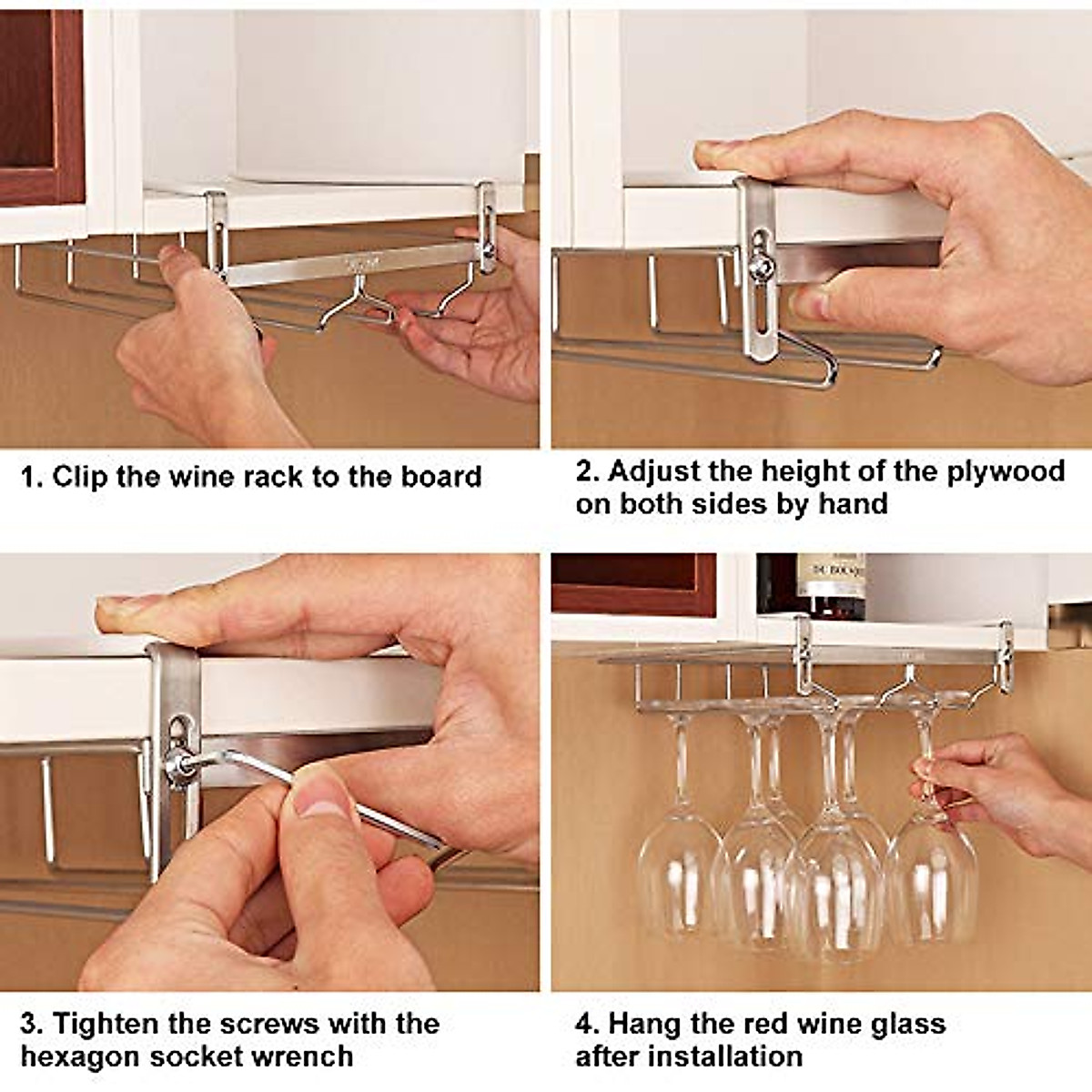 Wine Glass Rack, Stemware Glass Rack Under Cabinet Hold up to 8 Wine Glasses / 3 Rails Stemware Rack, Adjustable Stainless Steel Glasses Holder Storage Hanger for Kitchen, Bar (Silver)