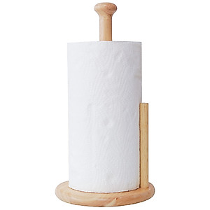 E-ROOM TREND Paper Towel Holder Large Base Dia 7" Wooden Natural Color Countertop with Rubber Wood Round Base Kitchen Bathroom Roll Organizer Wooden Paper Holder Stand for Dining Table Home (ZJ281Y)