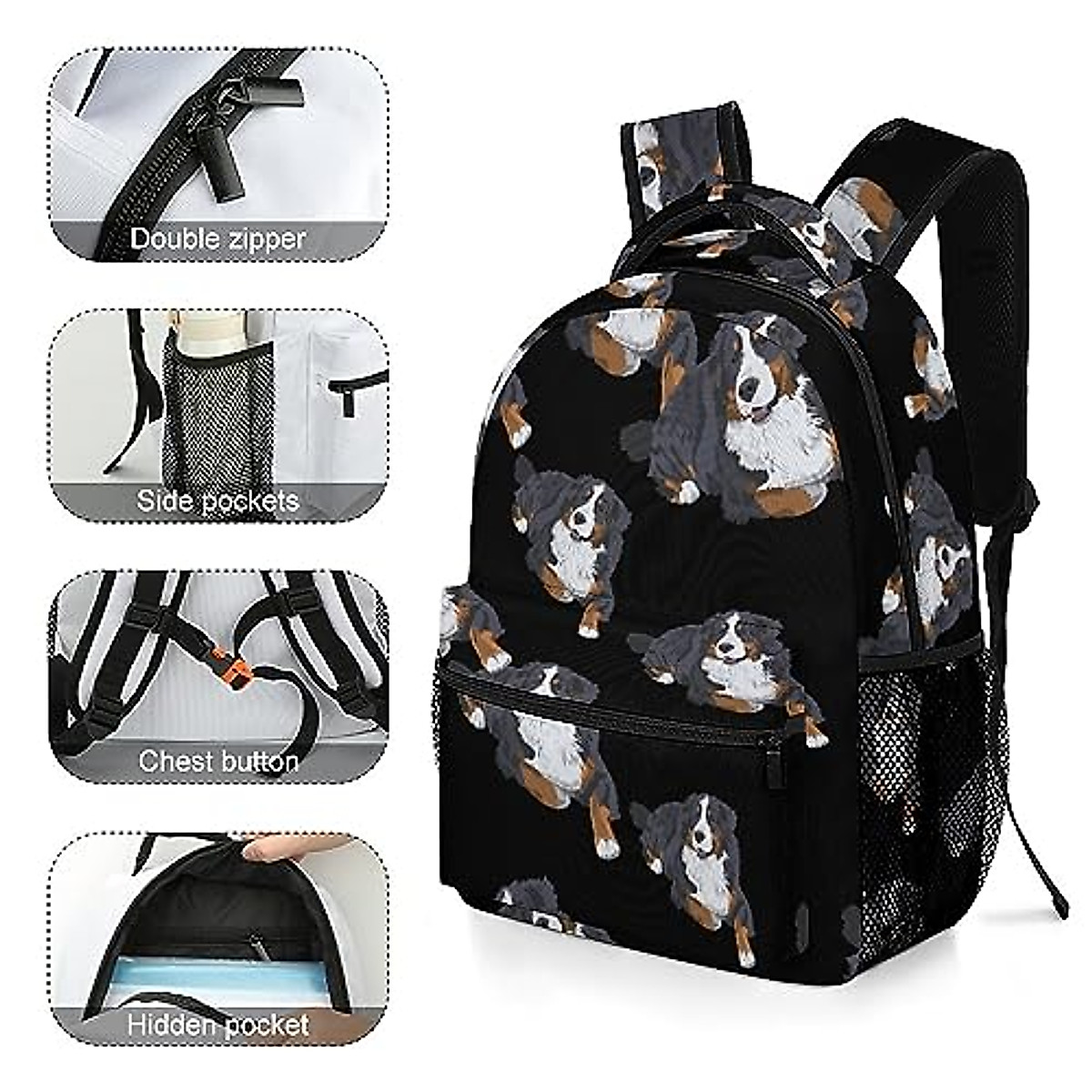 Swiss Bernese Mountain Dog Travel Laptop Backpack Casual Daypack with Mesh Side Pockets for Book Shopping Work
