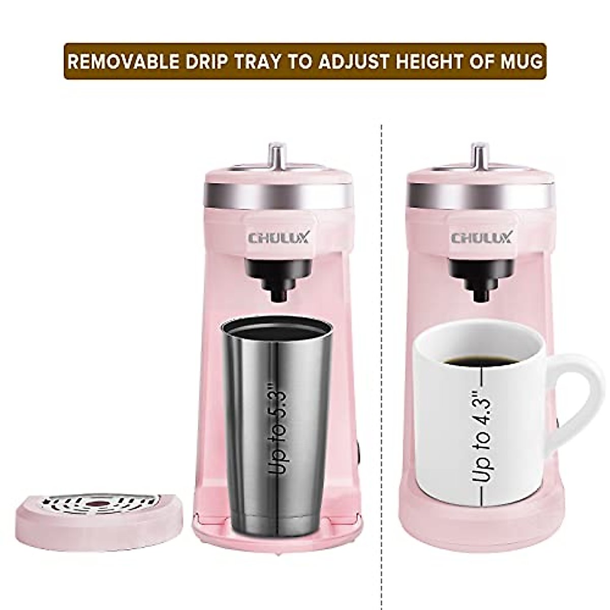 CHULUX Single Serve Coffee Maker,One Button Operation with Auto Shut-Off for Coffee and Tea with 5 to 12 Ounce,Pink