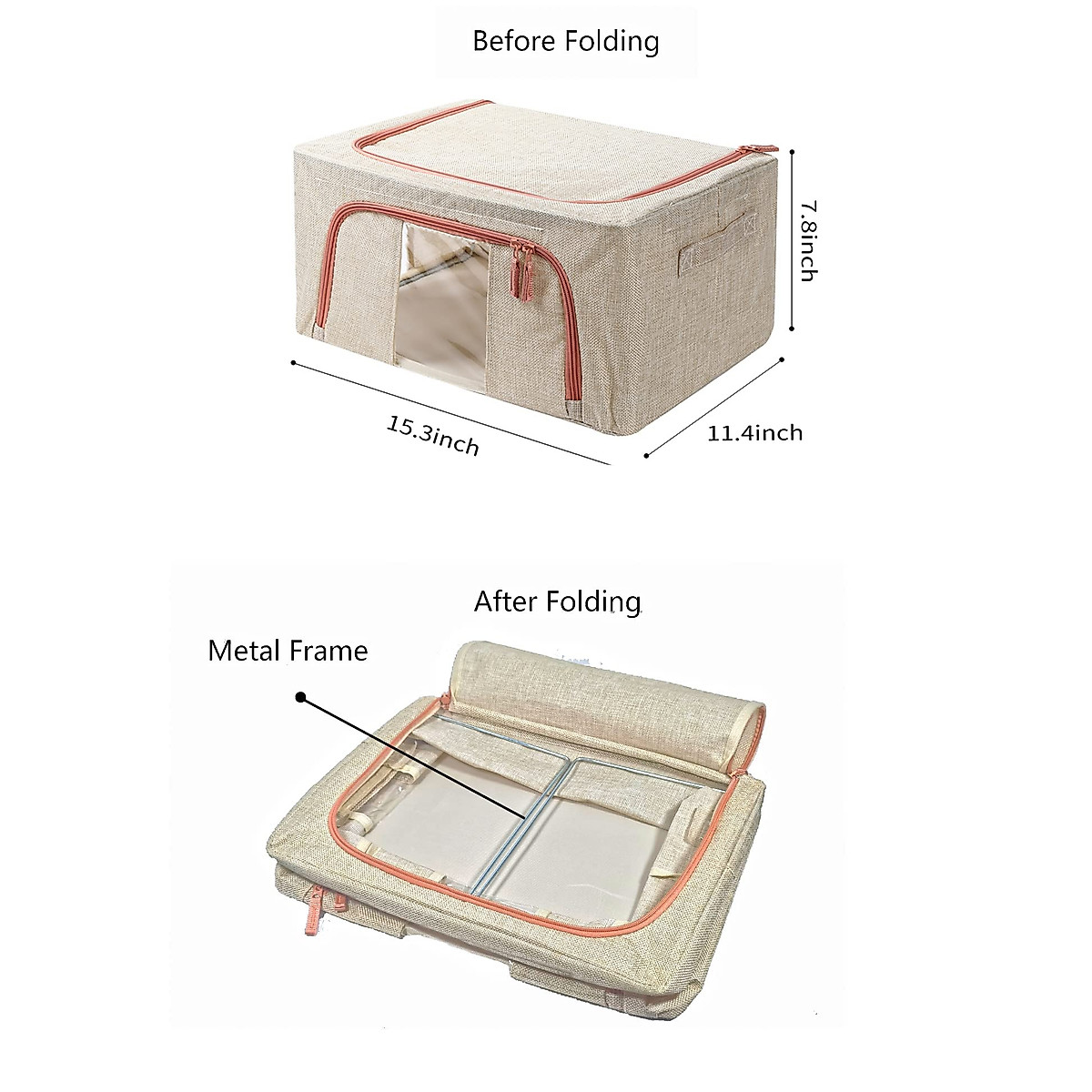 Foldable Clothes Storage Bags with Large capacity, Strong Metal Frame Support, Cotton linen, Cream-colored, BlueGift