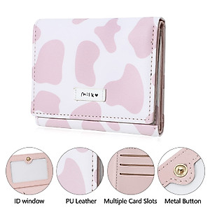 Girls Cute Cow Print Tri-folded Key Case Wallet PU Leather Cartoon Small Wallet Cash Pocket Card Holder ID Window Purse Coin Purse Money Small Short Wallet (pink)