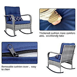 IBITION 3-Piece Outdoor Rocking Chairs Set of 2， Wicker Patio Furniture Modern Rattan Chair Conversation with Cushions & Glass Table for Garden,Backyard, Bistro(Navy Blue)
