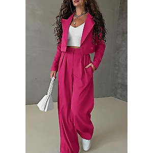 PRETTYGARDEN Women's 2 Piece Casual Outfits Cropped Blazer Jackets High Waisted Wide Leg Work Pants Suit Set (Rose Red,Large)