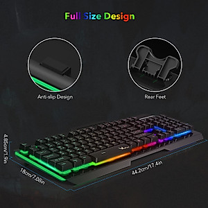 WisFox Wired Keyboard, Computer Keyboard with Rainbow LED Backlit, All-Metal Panel Gaming Keyboard with Phone Holder, Full Size Quiet Warterproof Office USB Keyboard for Desktop, Computer, PC