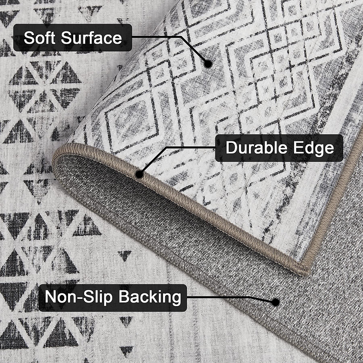 8x10 Area Rugs for Living Room Bedroom: Large Machine Washable Rug with Non-Slip Backing Non Shedding Stain Resistant, Soft Geometric Moroccan Carpet for Dining Room Nursery Home Office - Gray/Ivory