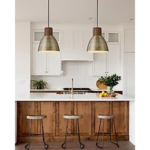 ELYONA Vintage Hammered Pendant Light Fixtures, 10.2” Industrial Metal Hanging Bar Lamp, Solid Wood Antique Gold Adjustable Pendant Light for Kitchen Island, Farmhouse, Dining Room, Brushed Brass