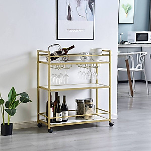 GOLASON Gold Bar Cart with 3 Shelves, Wine Glass Bottle Storage Bar Serving Cart with Wheels for Kitchen Living Room (31.5”W, White)