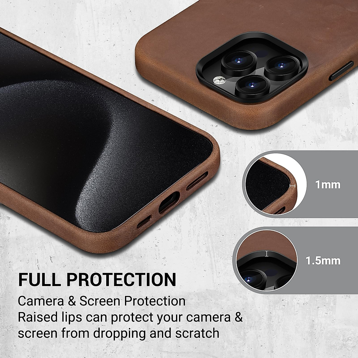 Belemay Compatible with iPhone 15 Pro Max Leather Case Magsafe-Top Grain Vintage Crazy Horse Leather-Metal Buttons Camera Bezel-Slim Fit-Precision Crafted Premium Phone Cover (6.7-inch)-Retro Brown
