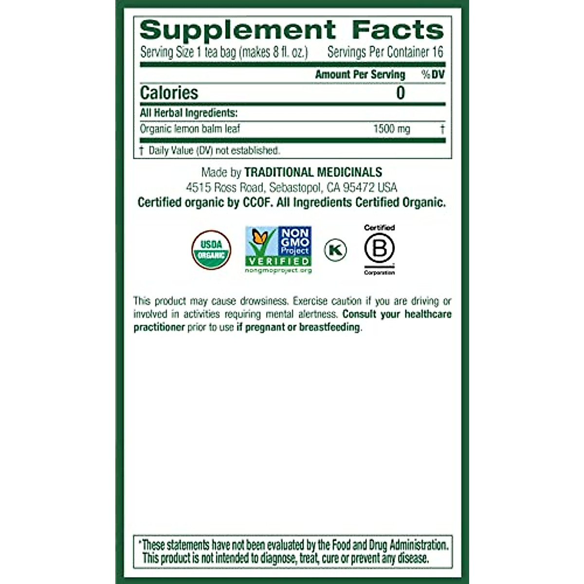 Traditional Medicinals Organic Lemon Balm Herbal Tea, Calming and Supports Digestion, (Pack of 3) - 48 Tea Bags Total