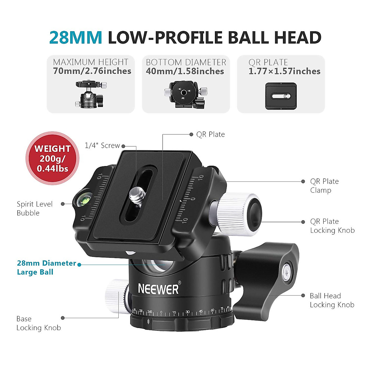 NEEWER Professional 28mm Low Profile Tripod Ball Head with 360° Rotation and 2 Locking Buttons, Arca Type 1/4" QR Plate and Spirit Level for Tripod/Camera, Max Load: 5 kg