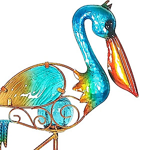 Asense Garden Solar Lights Pathway Stake Outdoor Metal Sculpture Art Decor, Solar Powered LED Lights for Lawn Patio Courtyard, Blue Flamingo with Crackle Glass Ball