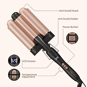 3 Barrel Curling Iron Wand, 1.25 Inch Ceramic Tourmaline Triple Barrels，Temperature Adjustable Portable Crimper Hair Iron for Beach Waves, Hair Waver Heats Up Quickly with LCD Temp Display（Rose Gold）