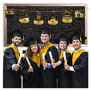 2024 Graduation Party Decorations - Black Gold Class of 2024 Graduation Party Decor Honeycomb Centerpieces for Tables Congratulate for 2024 Congrats Grad Party Supplies 8 Pcs