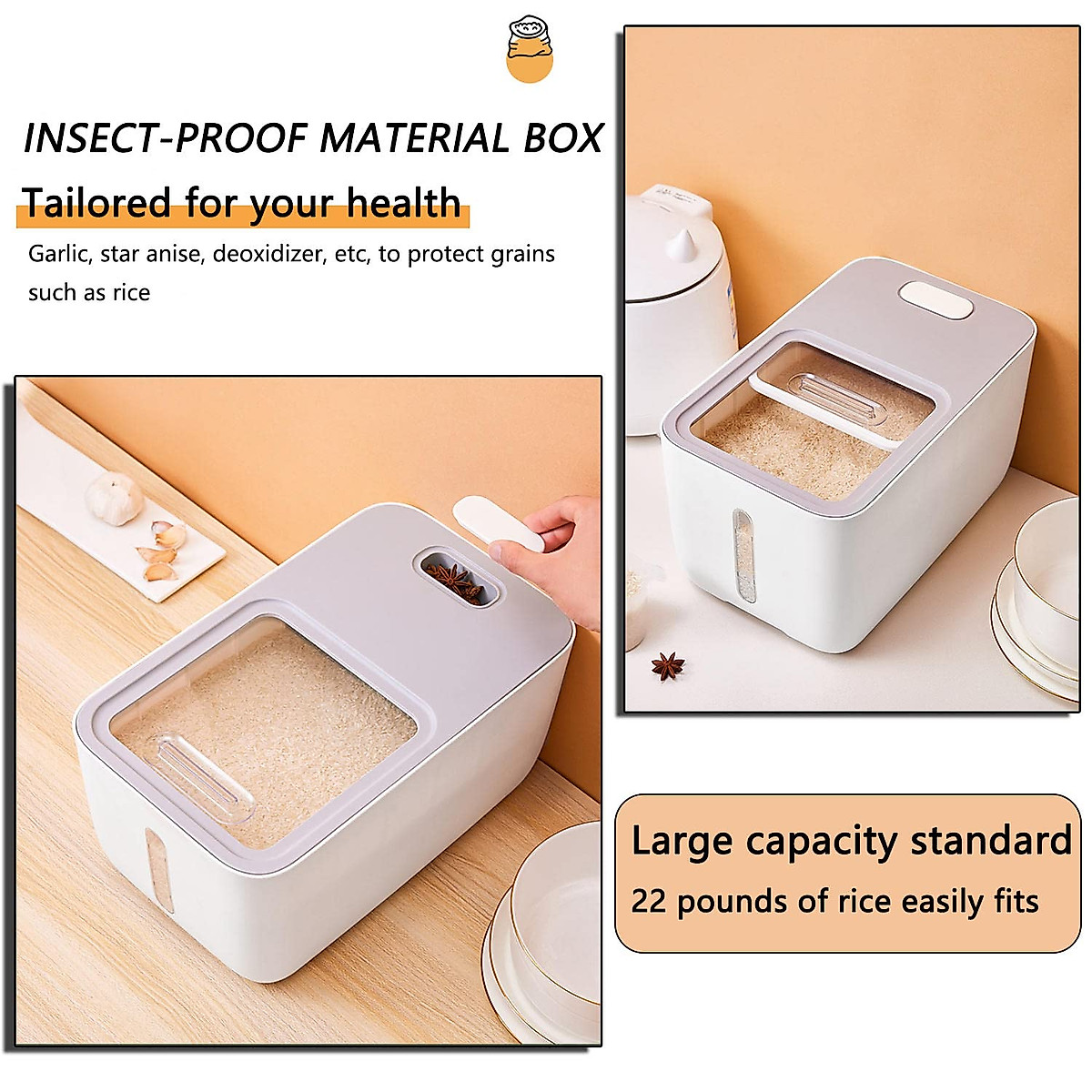 Rice Container, 22lbs Rice Storage Container, Slide Lid Rice Container, Cereal and Pantry Storage containers, Storage containers for a Pantry, Dry Food Storage containers