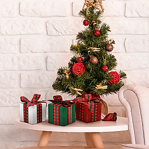 3 Pcs Christmas Table Centerpieces Christmas Rustic Wood Presents Faux Blocks Table Decor Tiered Tray Decor with Buffalo Plaid Bowknot Pine Cone Berries for Xmas Party Decoration (Classic Style)