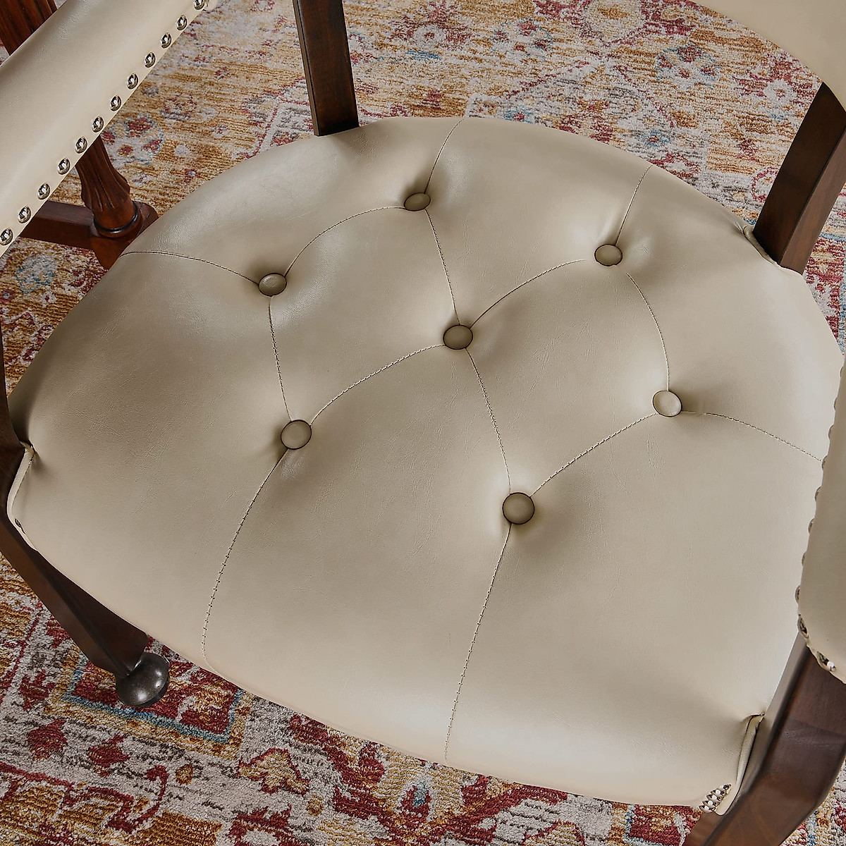 Large Dining Chairs with Wheels and Arm , Caster Boss Caption's Chairs with Solid Wood Leg, Office Desk Chairs with Button Upholstered, Classic Swivel Chair, 31.5”H Brown Leg & Beige XXY1910BG