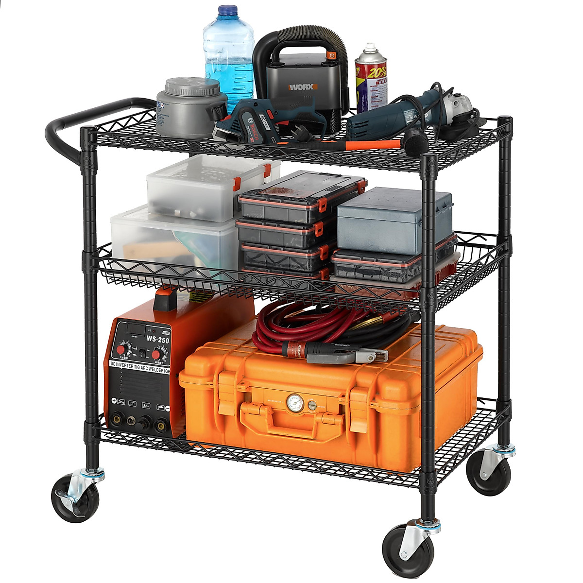 Finnhomy 3 Tier Heavy Duty Commercial Grade Utility Cart, Wire Rolling Cart with Handle Bar, Steel Service Cart with Wheels, Kitchen Cart on Wheels, Food Storage Trolley, NSF Listed, Black