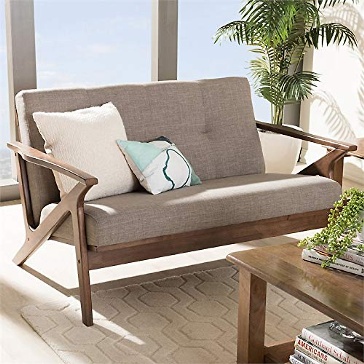 Baxton Studio Bianca Tufted Loveseat in Light Gray and Walnut Brown
