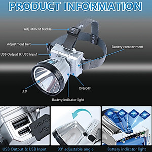 Super Bright Rechargeable High Power Headlamp,LED Rechargeable Head Lamp,LED Head Lights for Forehead Flashlight,Waterproof Headlamp Headlight with White Lights for Camping,Running,Cycling,Fishing