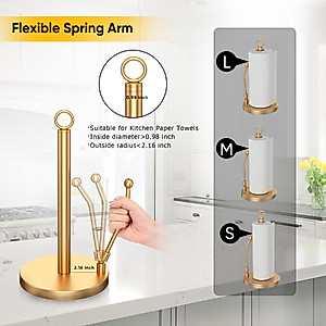 Paper Towel Holder Stainless Steel - One Hand Tear Paper Towel Dispenser Standing Weighted Base Non Slip, Spring Arm, Stainless Steel Paper Towel fits in Kitchen Bathroom Countertop (Gold)