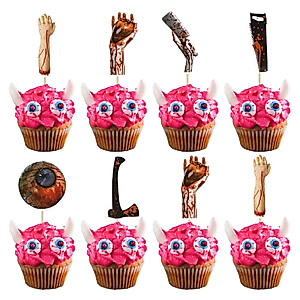 Gyufise 36Pcs Horror Halloween Cupcake Toppers Bloody Eyes Hand Vampire Zombie Party Knife Cake Topper Decorations for Halloween Horror Movie Theme Birthday Baby Shower Supplies
