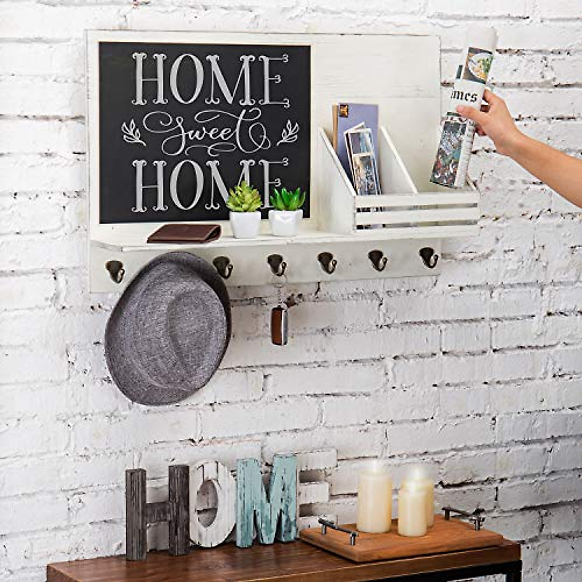 MyGift Vintage White Wood Entryway Mail and Key Holder Family Command Center Organizer with Chalkboard, 2 Mail Slots, Display Ledge Shelf and 7 Hooks
