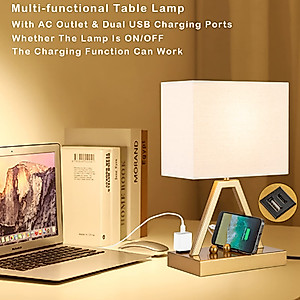 Briever USB Touch Control Table Lamp, 3-Way Dimmable Desk Lamp with USB C & USB A and AC Outlet, Bedside Lamp with Phone Stand and Fabric Shade for Bedroom, Living Room,Bulb Included, Gold